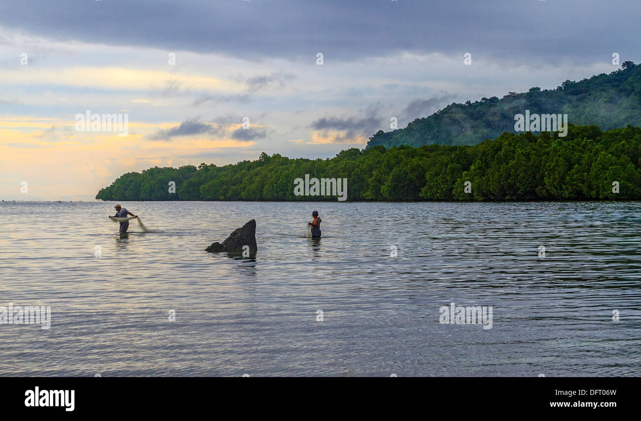 Fishing by net in shallow waters off the beach in Kosrae, Micronesia ...