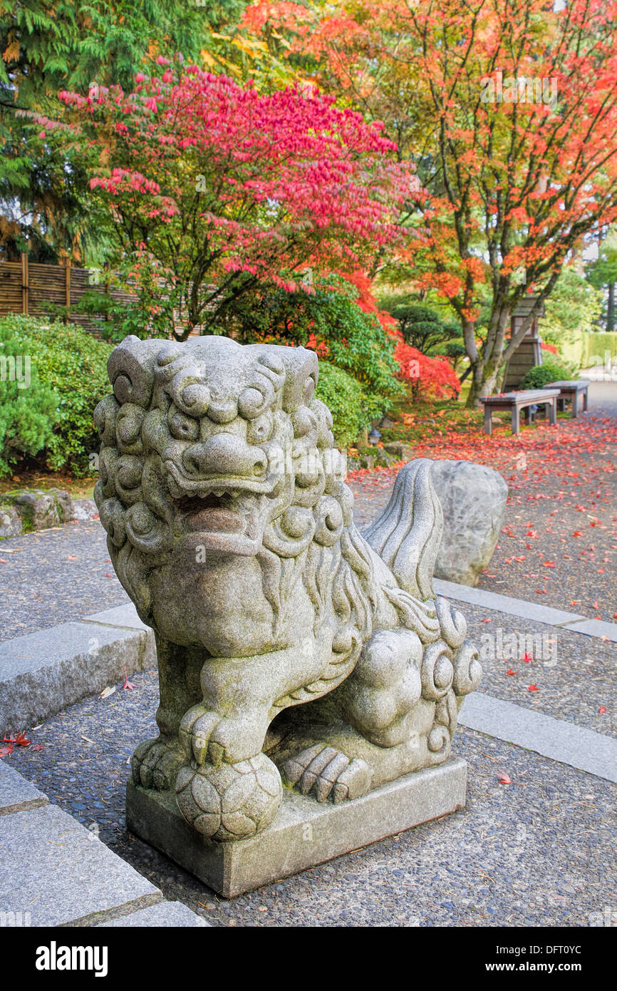 Japanese Komainu Male Foo Dog Temple Guardian Granite Statue Stock ...