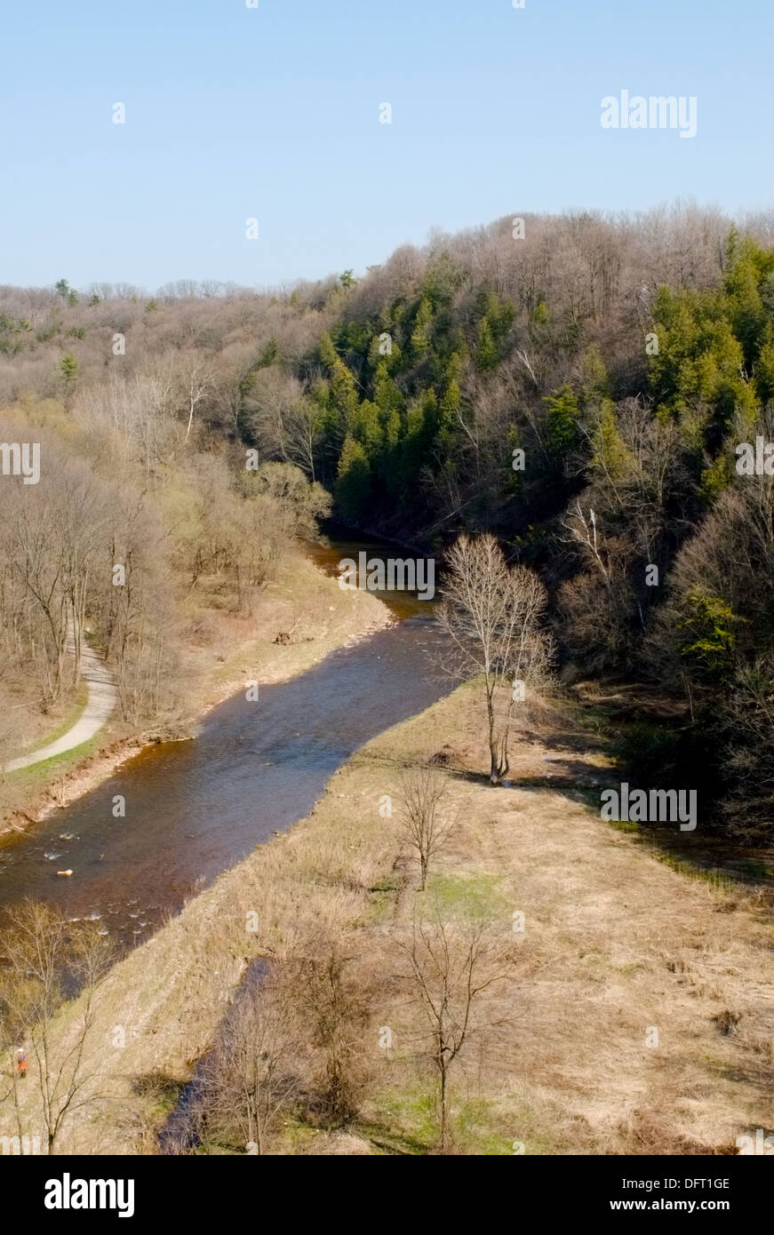 Valley with shallow river in spring with bare trees Stock Photo - Alamy