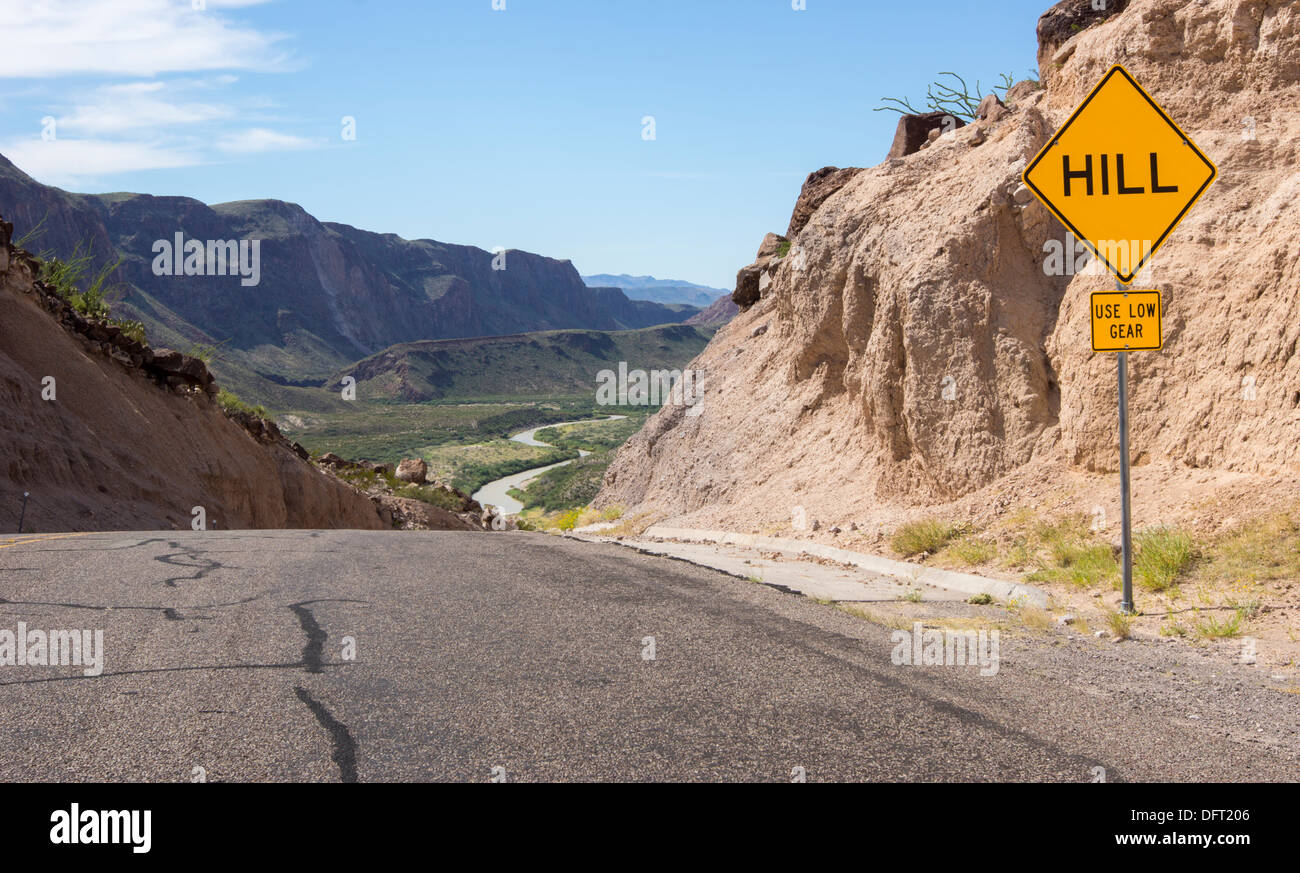 Road following the Rio Grande river in West Texas, along the border ...