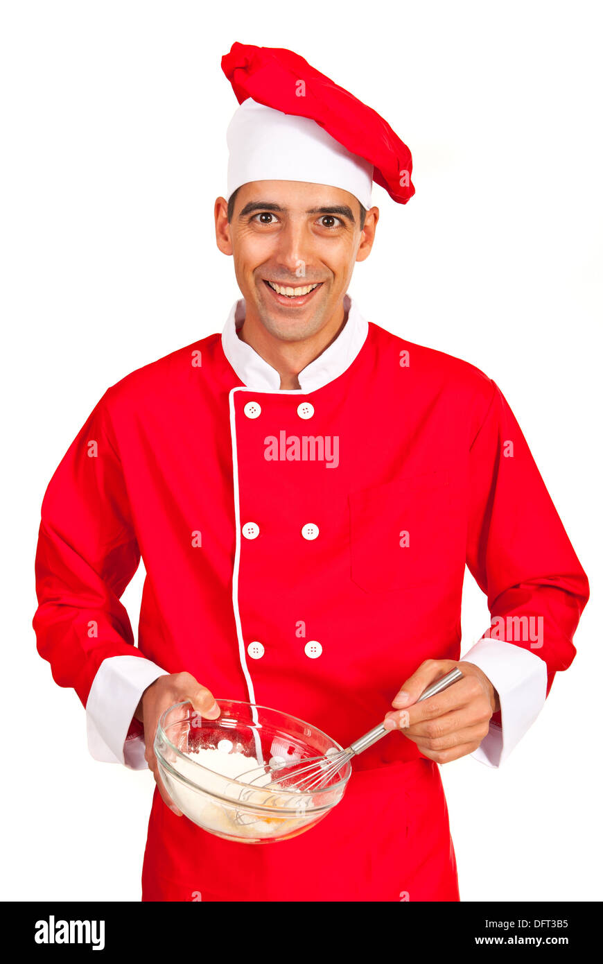 Happy chef man mixing dough isolated on white background Stock Photo ...