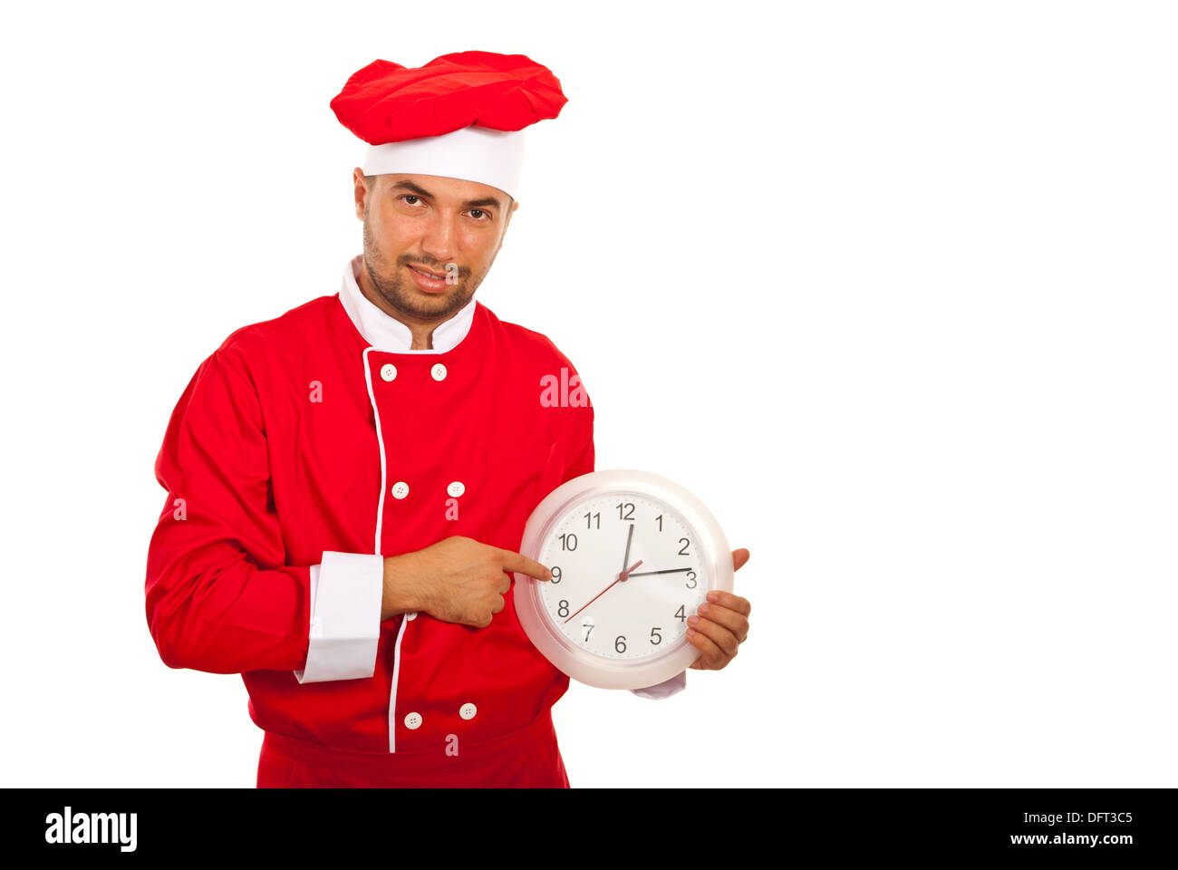 Chef man indicate to clock isolated on white background Stock Photo - Alamy