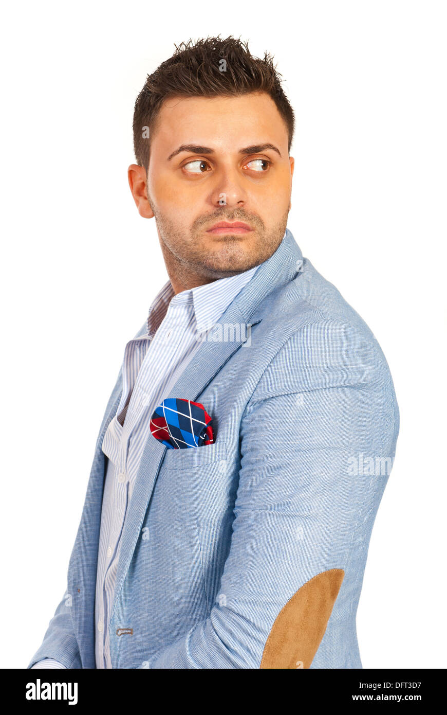 Profile of executive man looking over shoulder back isolated on white ...