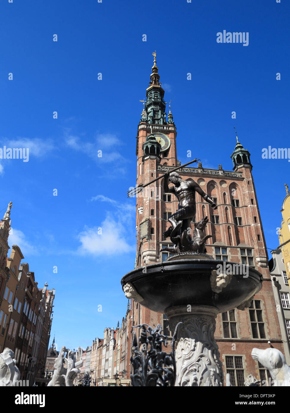 Neptune Fountain and the Main Town Hall in city Gdansk - Poland Stock ...