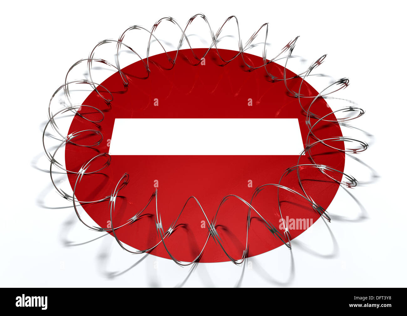 A regular metal no entry sign surrounded by a coiled fence of barbed ...