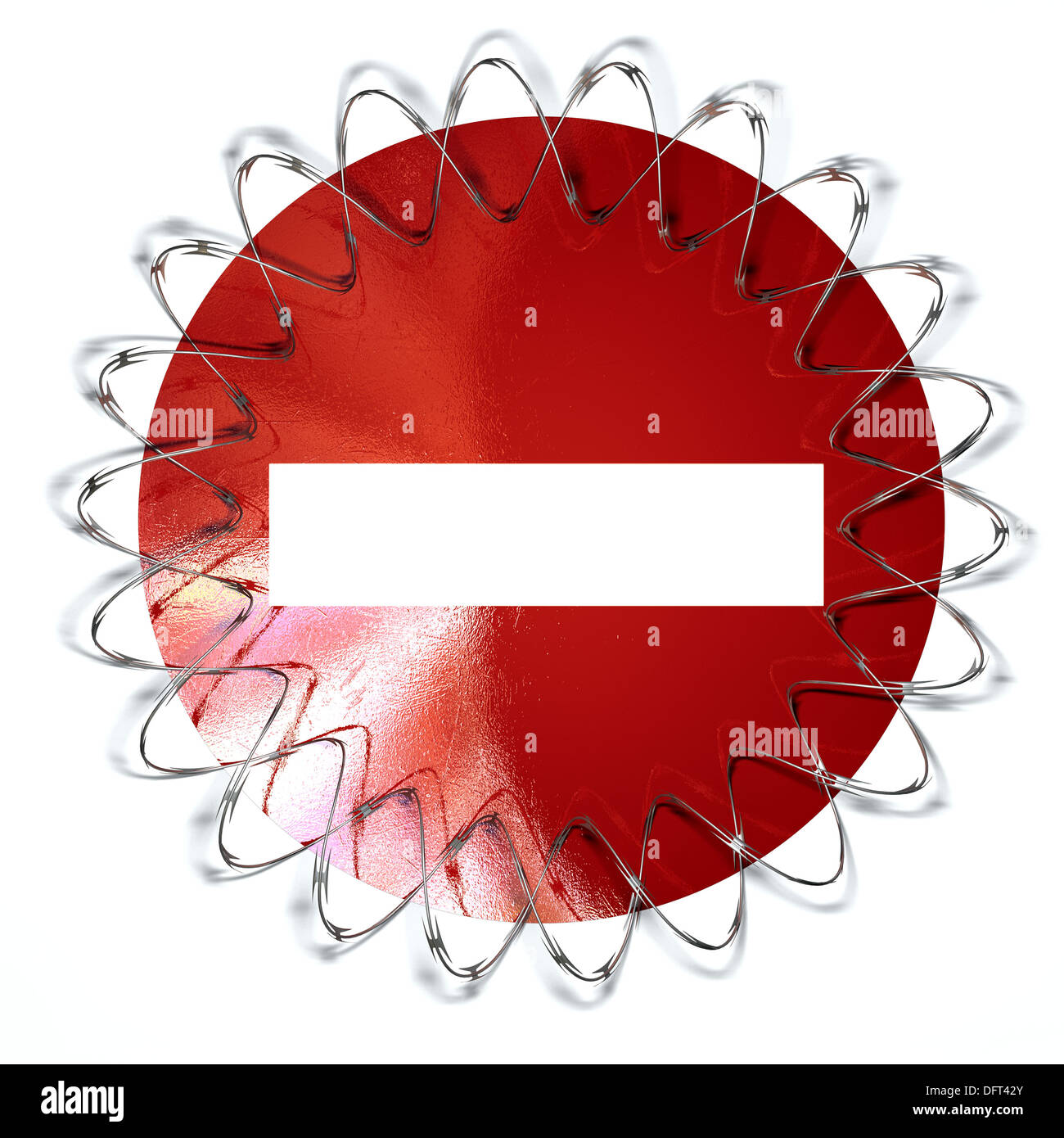 A regular metal no entry sign surrounded by a coiled fence of barbed ...