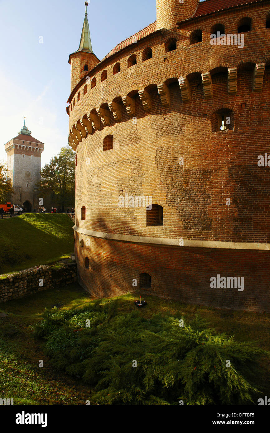 Medieval barbican and St Florian Gate in background, Krakow, Poland ...