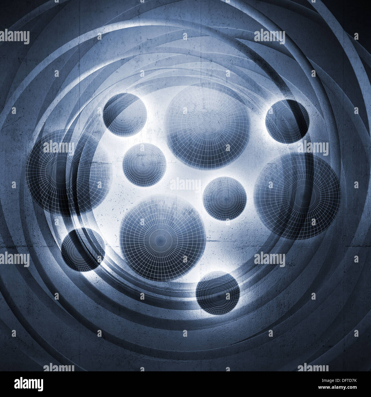 Abstract 3d geometric background with illuminated spheres and helix ...