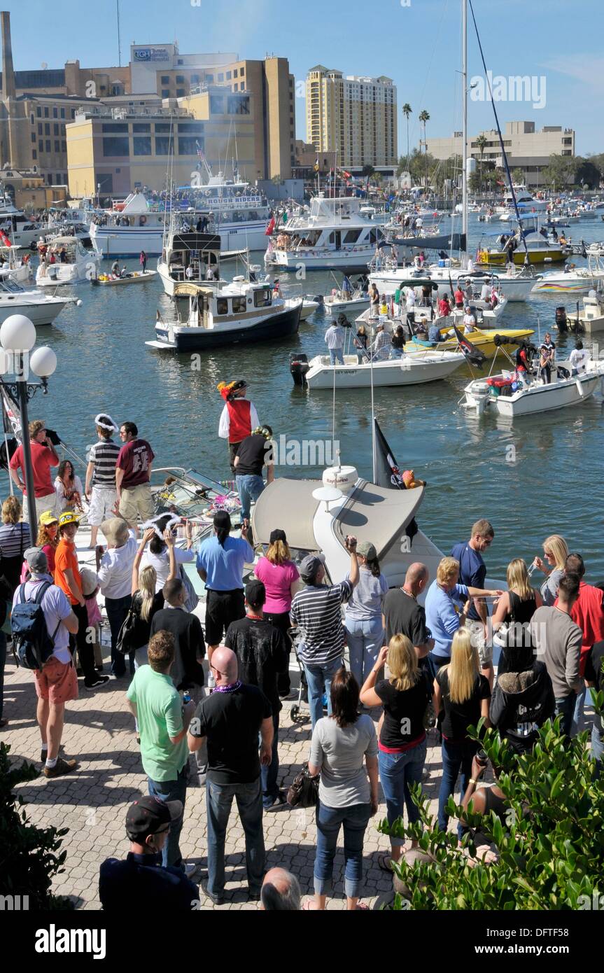 Crowd with boats downtown Tampa Gasparilla Pirate Festival Stock Photo ...