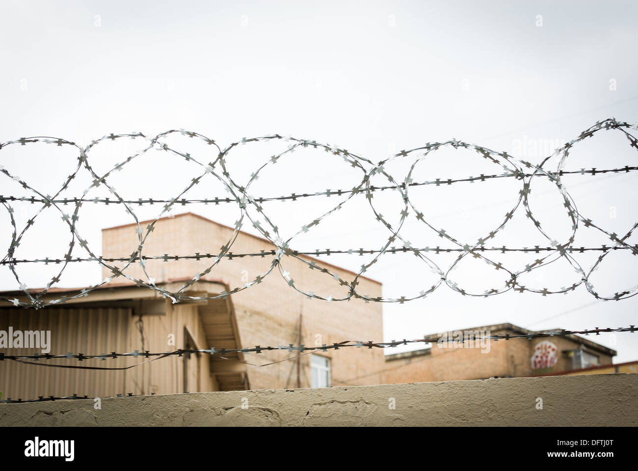 Fence with rolled barbed wires along the factory perimeter Stock Photo ...