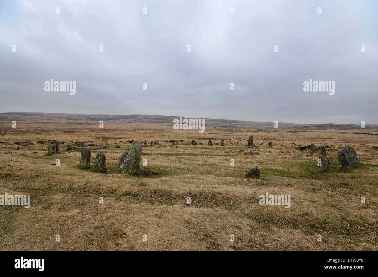 An ancient stone circle at Scorhill on Dartmoor in Devon Stock Photo ...