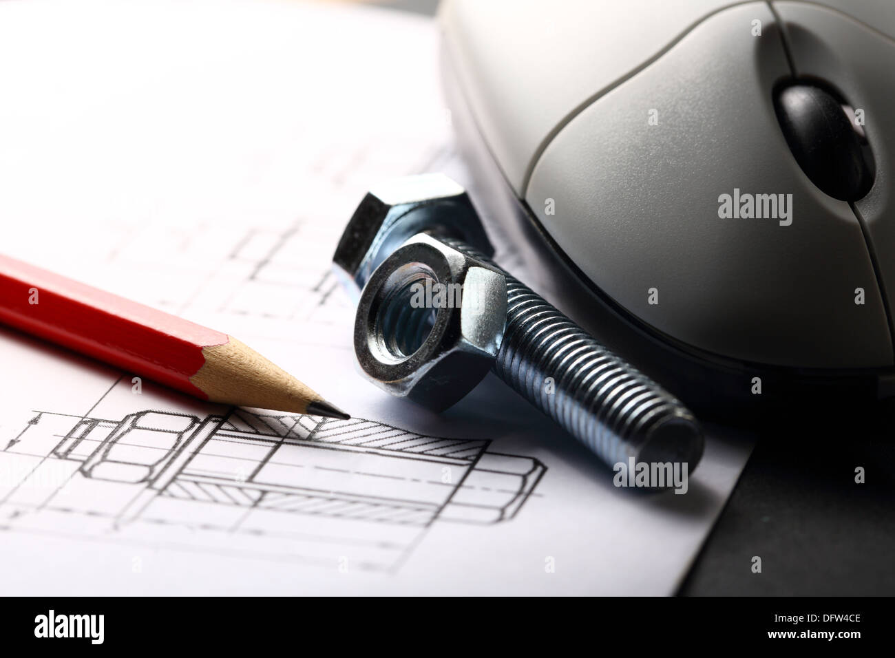 Drafting, mouse and screw bolt with nut Stock Photo - Alamy