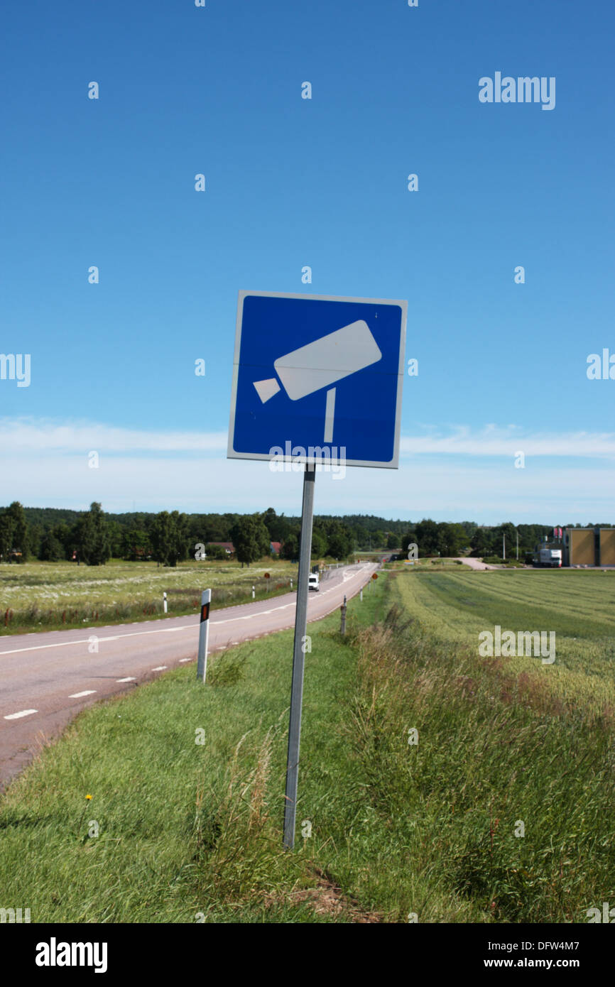 Speed camera warning sign Sweden Stock Photo - Alamy