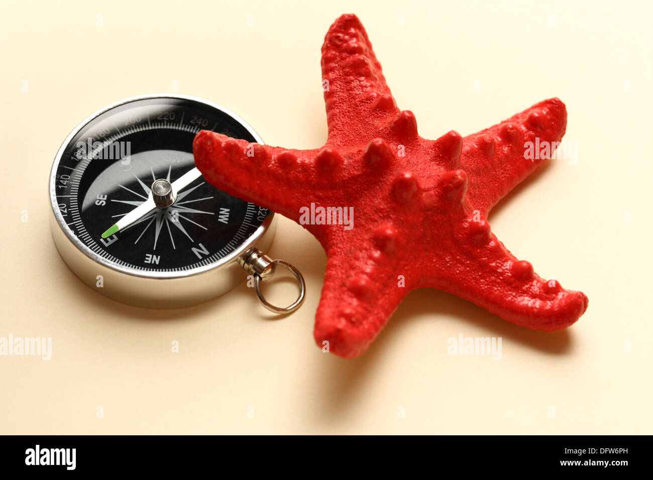 Compass and red sea star Stock Photo - Alamy