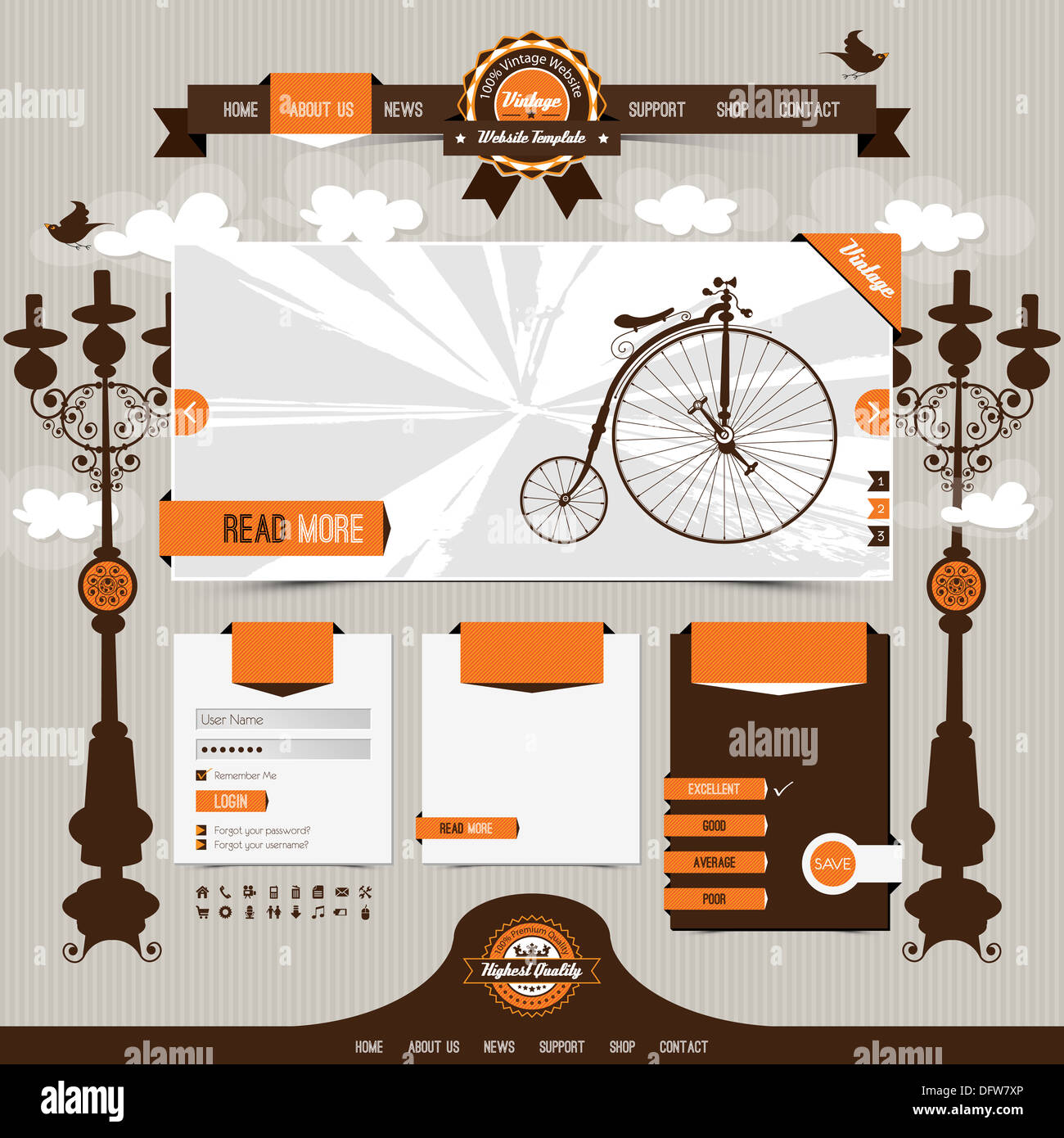 vintage website template with retro, classic elements and textured ...