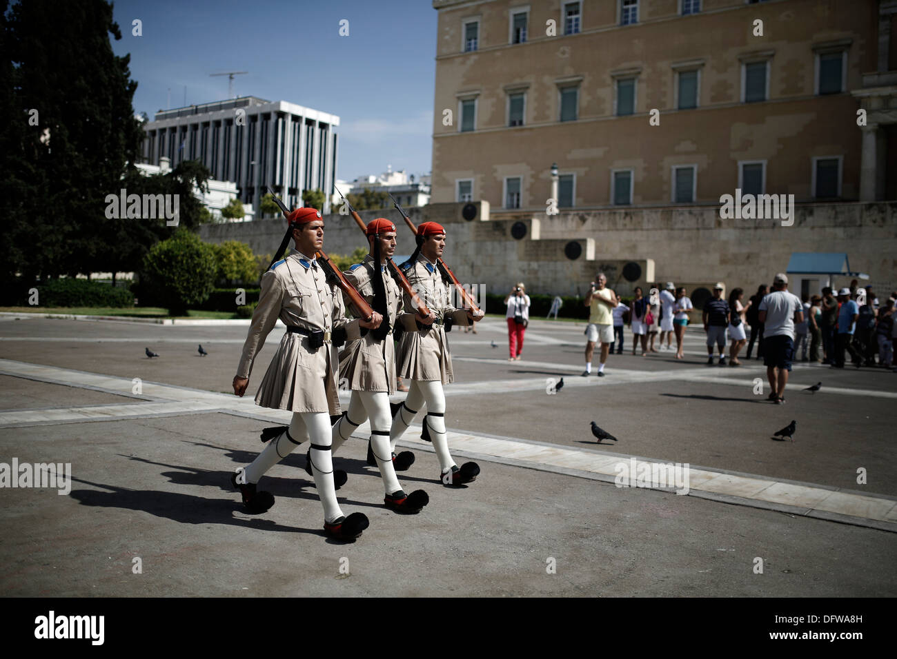 Evzones perform the Changing of the guard ceremony at the Tomb of the Unknown Soldier in ...
