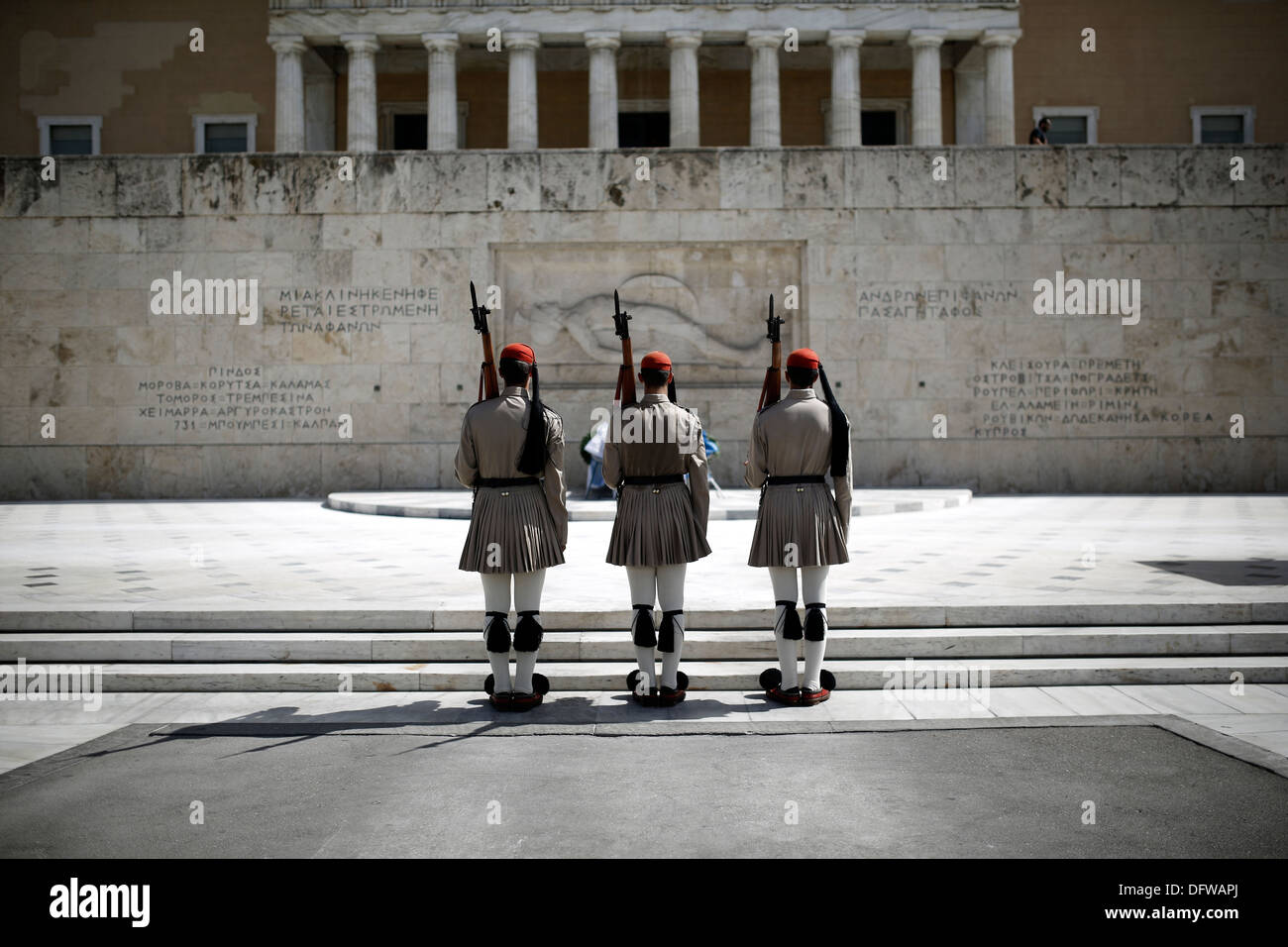 Evzones perform the Changing of the guard ceremony at the Tomb of the ...