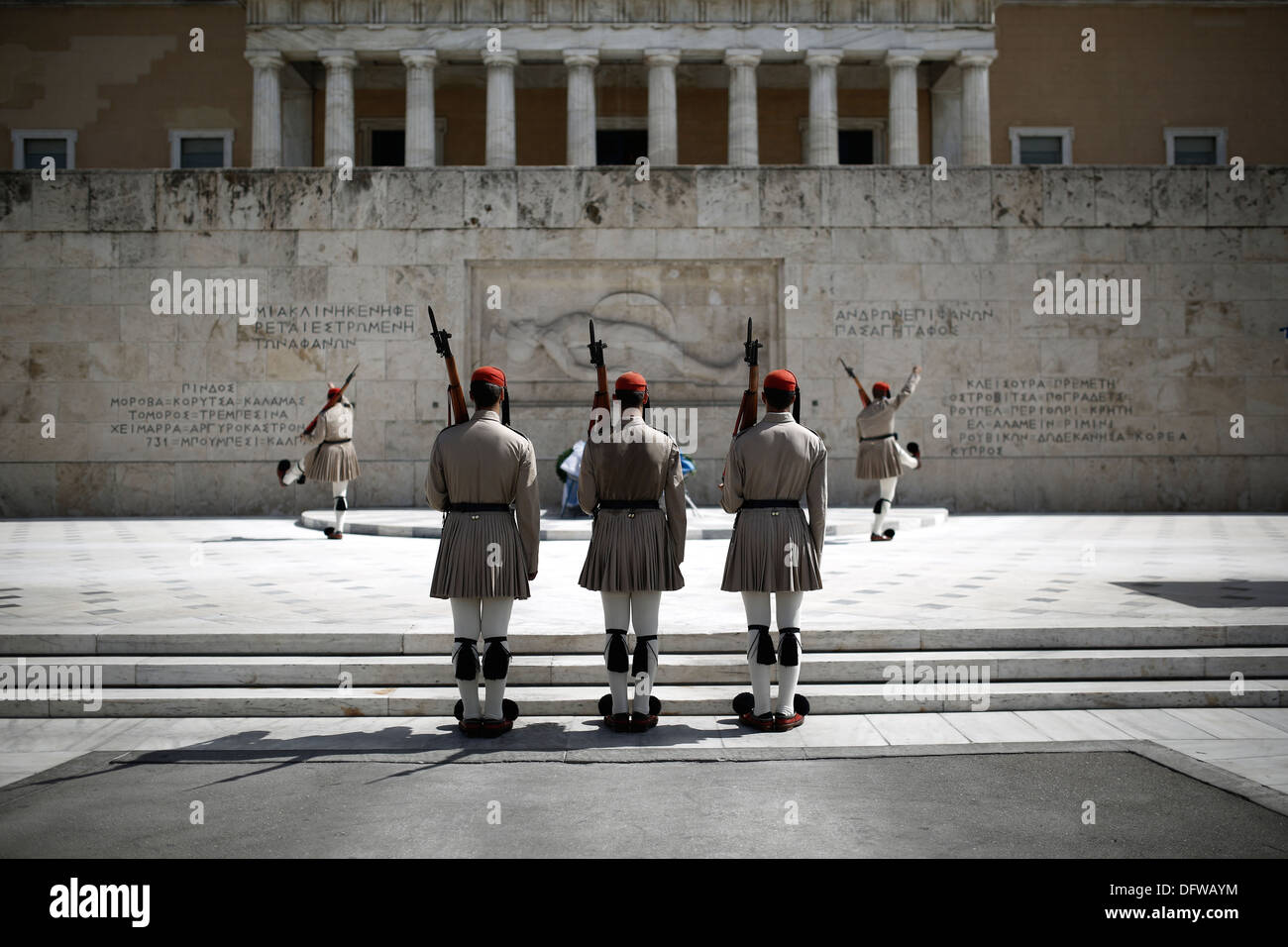 Evzones perform the Changing of the guard ceremony at the Tomb of the Unknown Soldier in ...