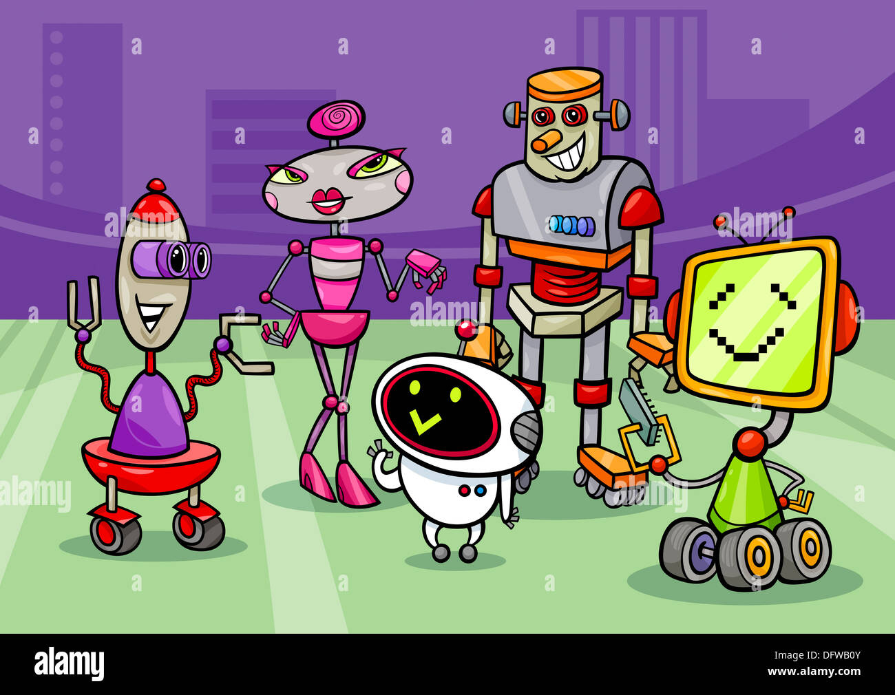 Cartoon Illustration of Funny Robots or Droids Group Stock Photo - Alamy