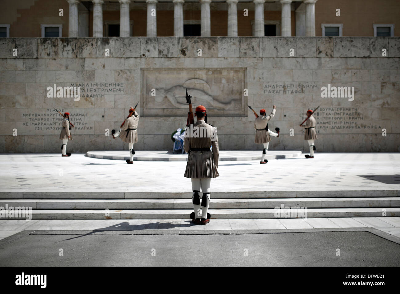 Evzones perform the Changing of the guard ceremony at the Tomb of the Unknown Soldier in ...
