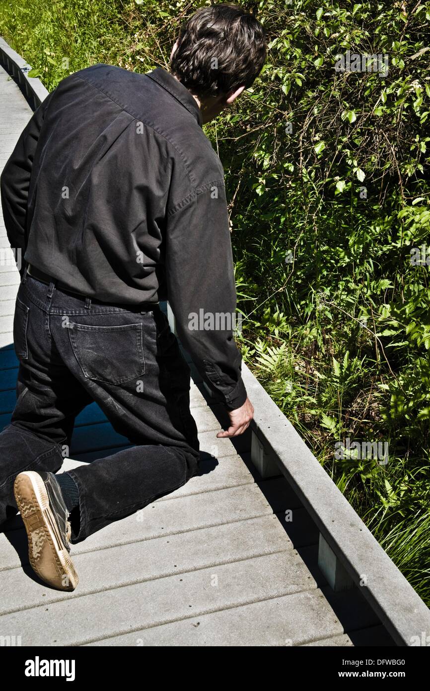 Man kneeling on a walking path at a park Stock Photo - Alamy