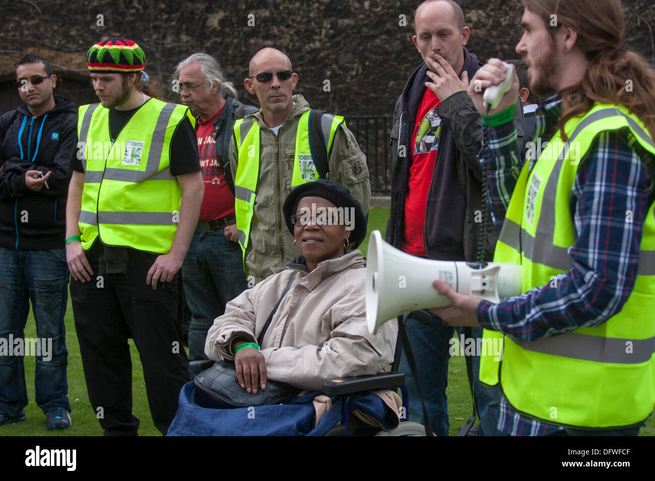 London, UK. 09th Oct, 2013. Protesters listen to a speaker as as NORML ...