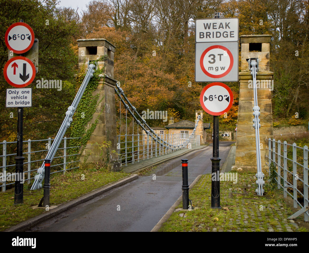 WHORLTON BRIDGE, County Durham, UK. Weak suspension bridge over River ...
