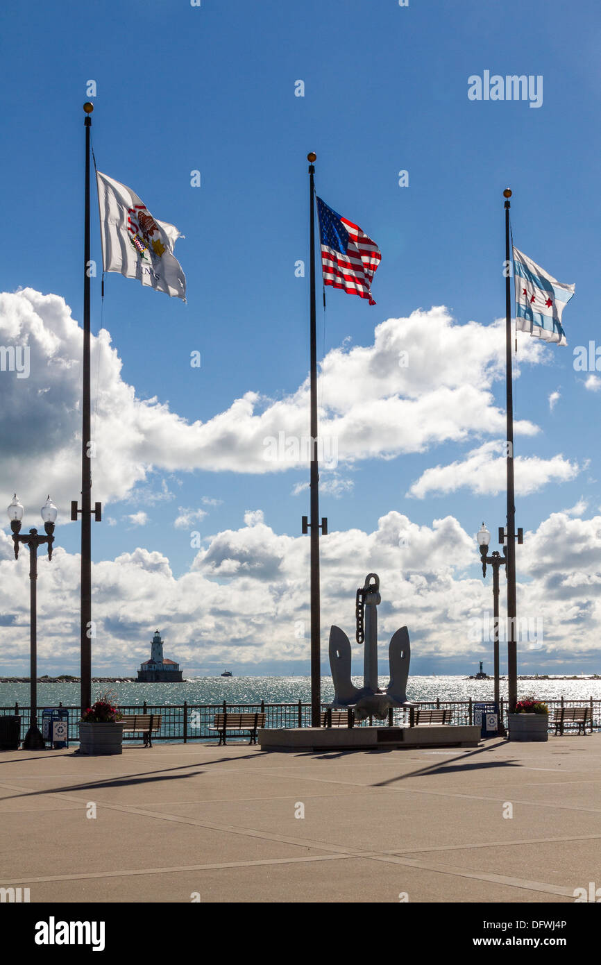 US, Illinois and Chicago flags on Navy Pier, Chicago Stock Photo - Alamy