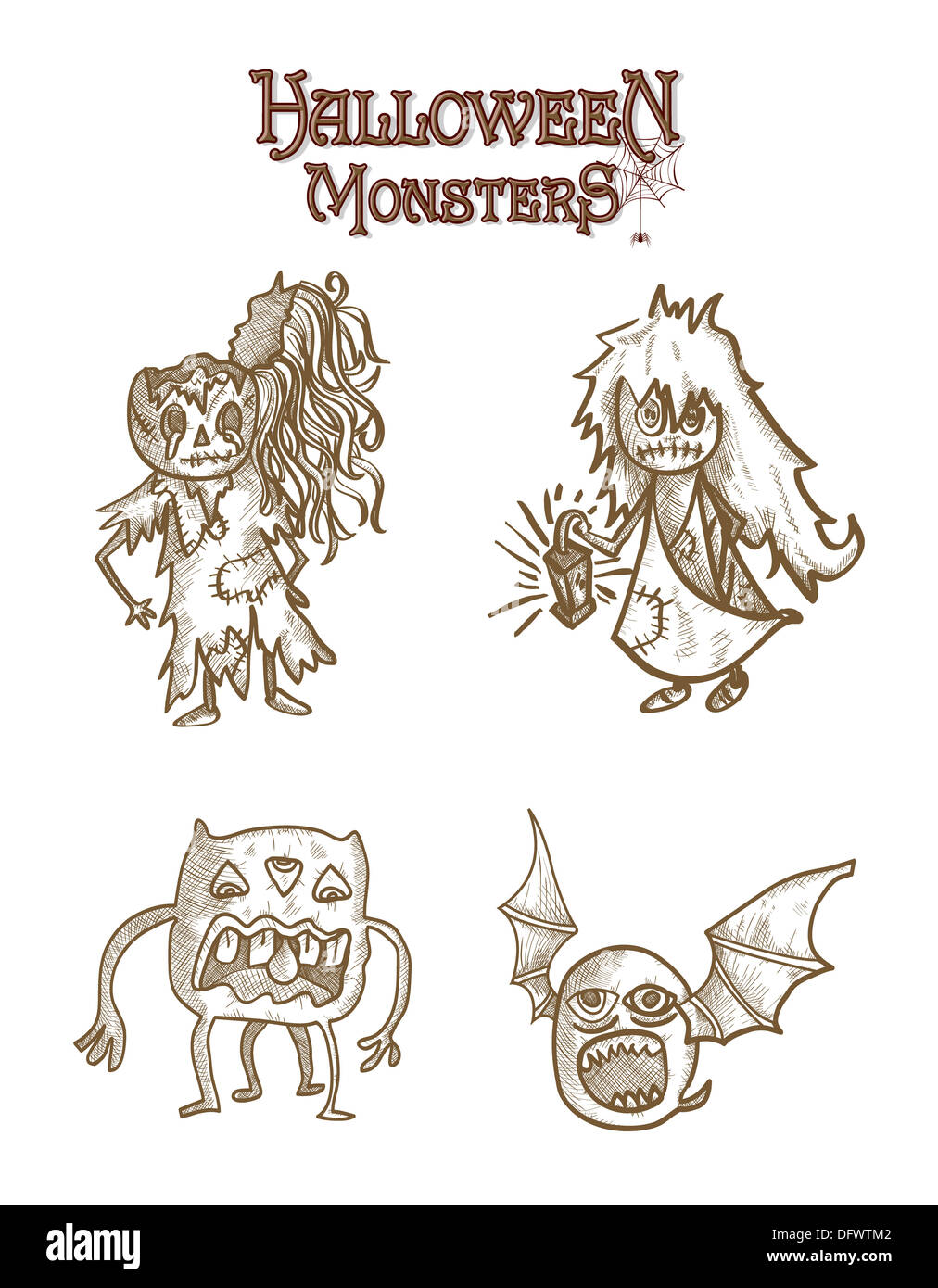 Halloween monsters spooky sketch style cartoons set. EPS10 Vector file ...