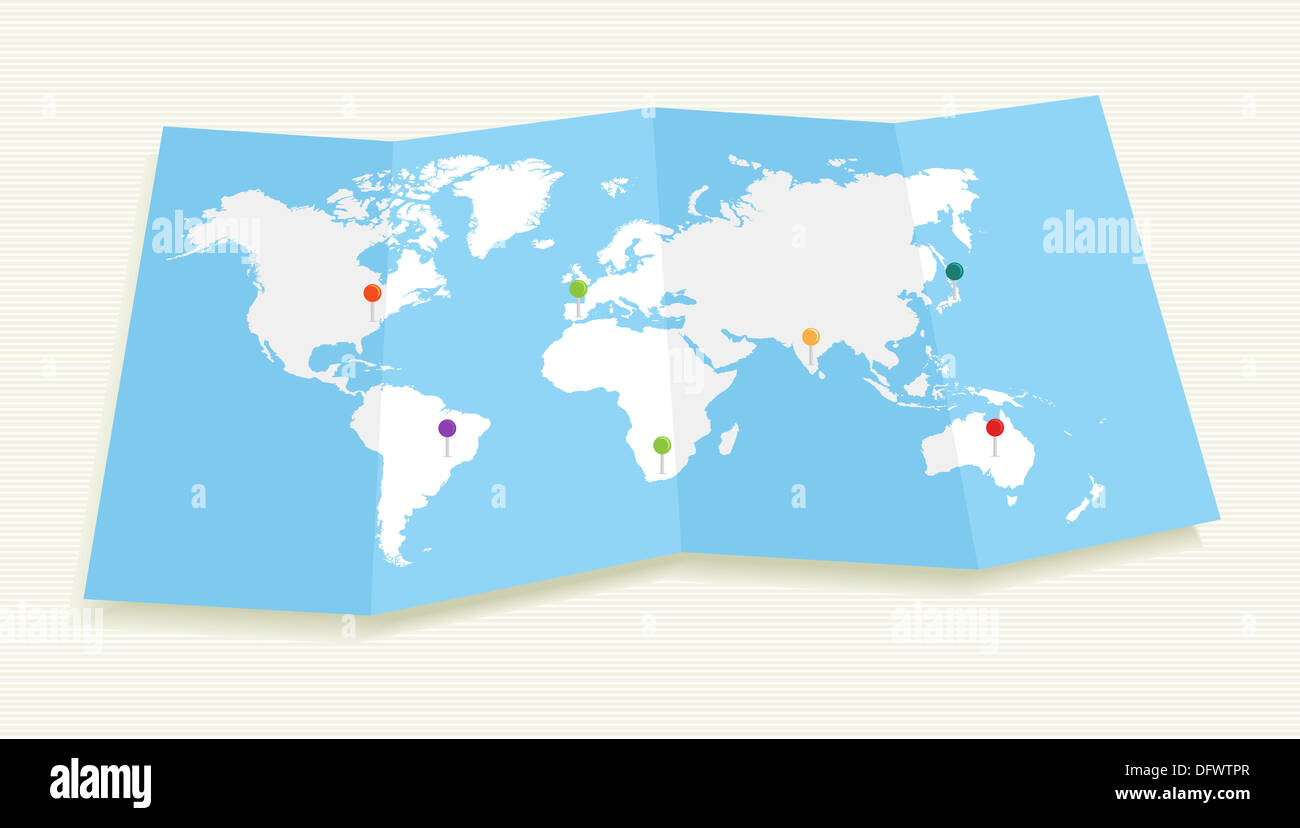 World map with GPS location pushpins travel elements illustration ...