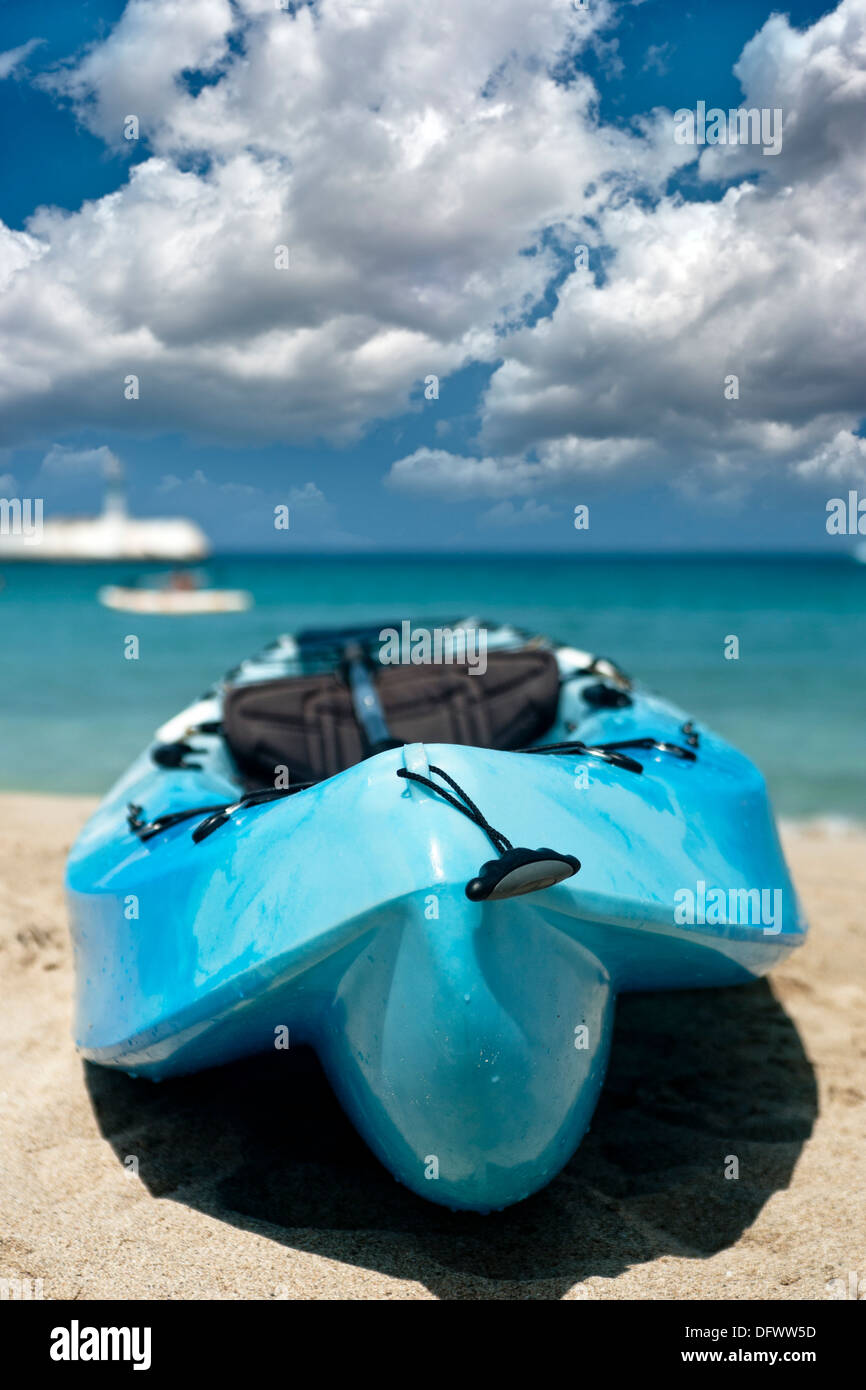 Paddle blue boat is on a sandy beach Stock Photo - Alamy