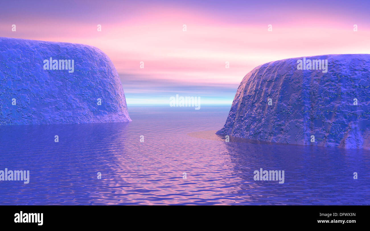 Two icebergs face to face in the ocean with pink and violet sunrise ...