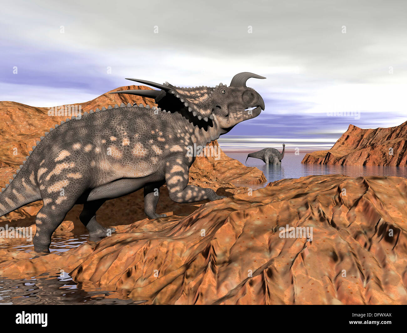Einiosaurus dinosaur on a rock observing an Argentinosaurus dinosaur in ...