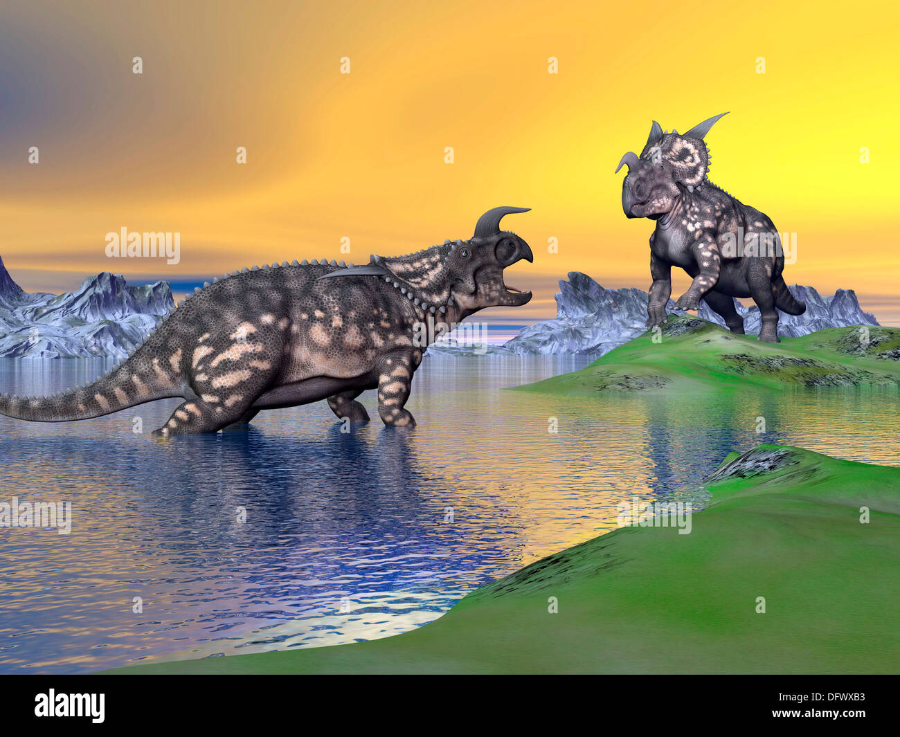 Confrontation between two Einiosaurus dinosaurs in a landscape with ... Confrontation between two Einiosaurus dinosaurs in a landscape with ...
