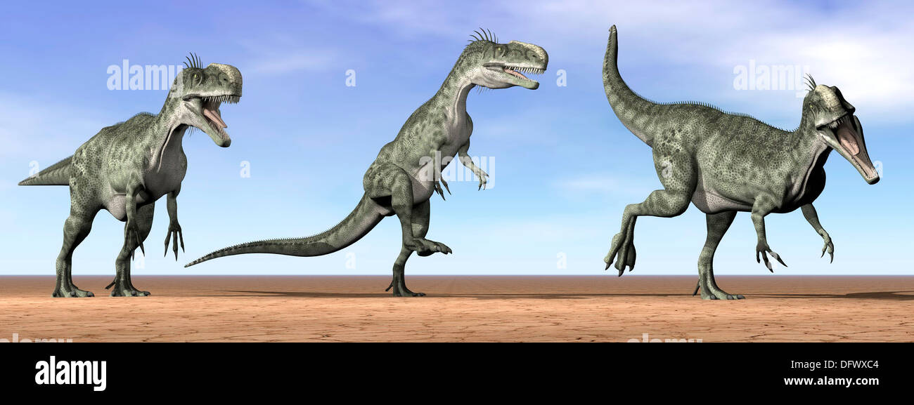 Three Monolophosaurus Dinosaurs Standing In The Desert By Daylight