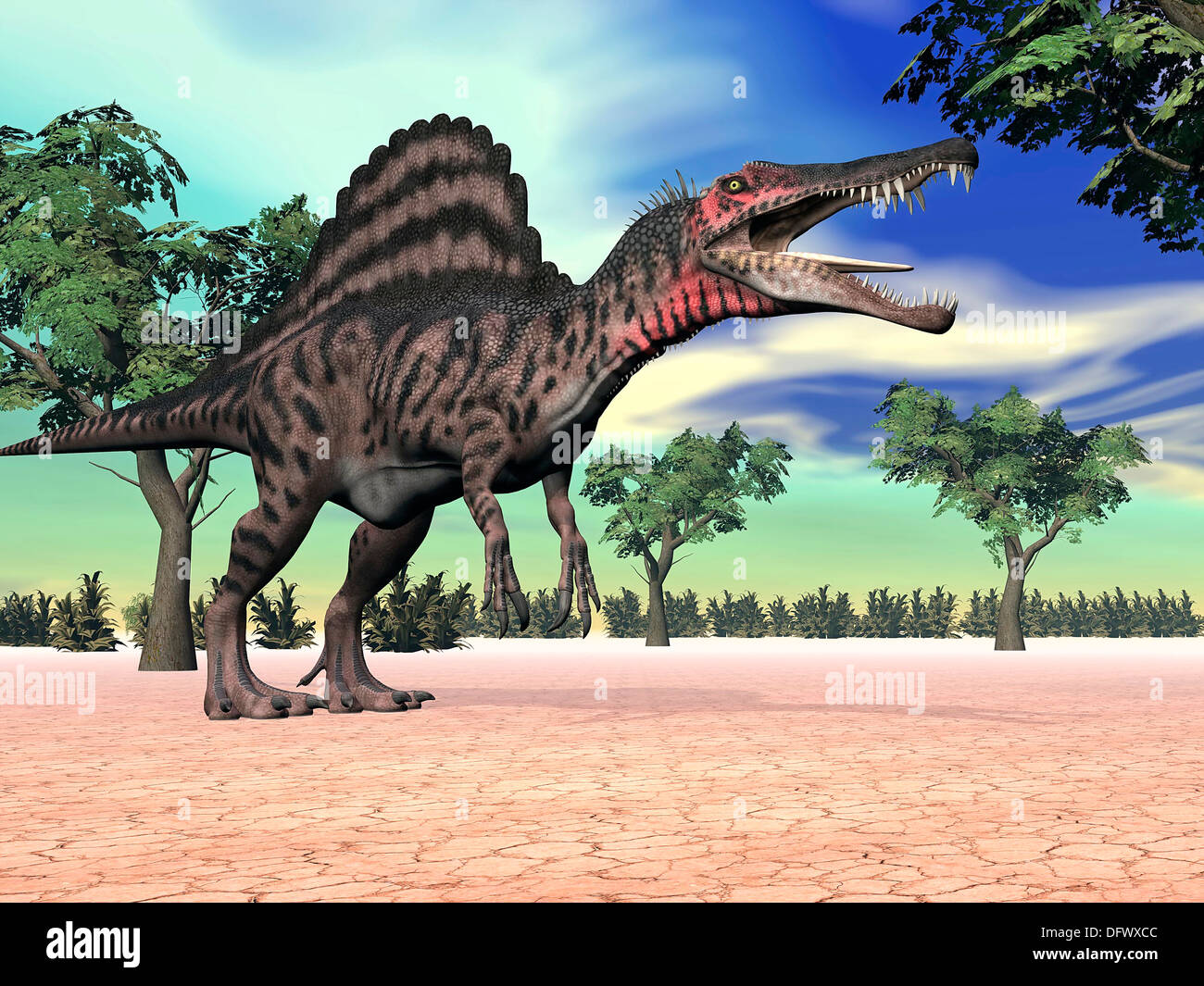 Spinosaurus standing in the desert with trees Stock Photo - Alamy
