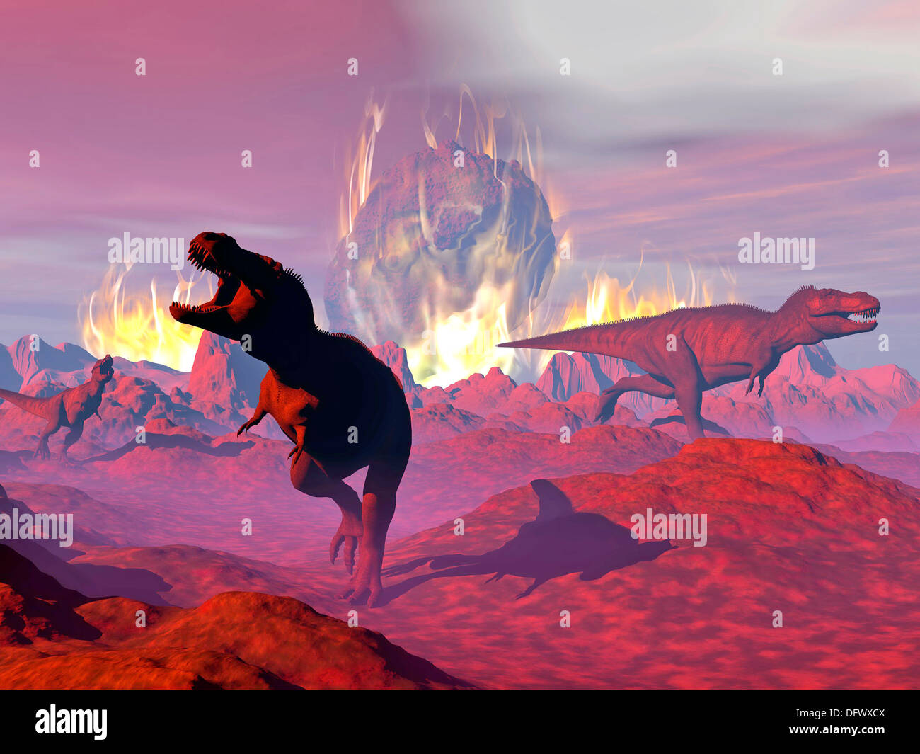 Tyrannosaurus Rex dinosaurs escaping the heat and fire of a big ...