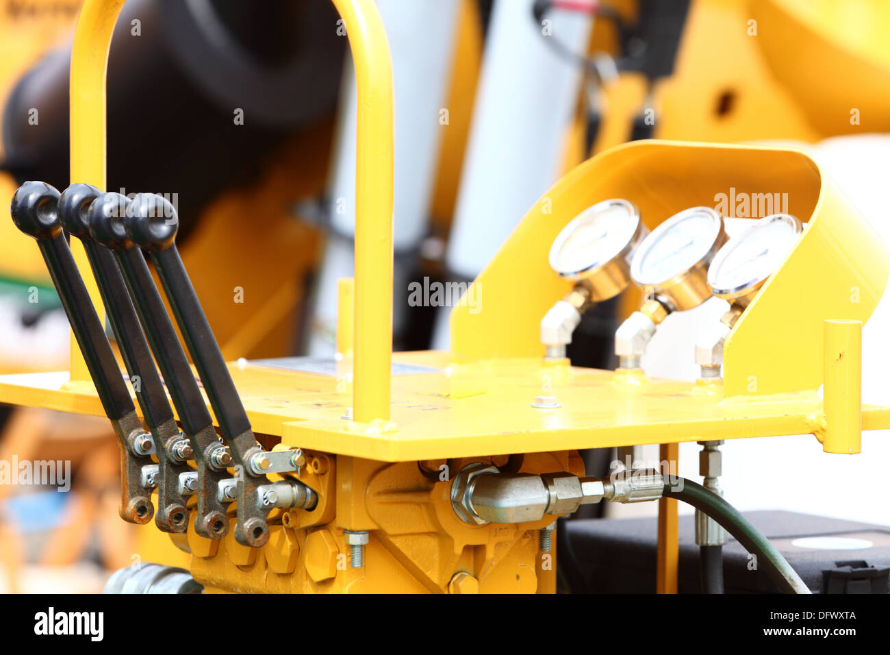 Close up detail of levers knobs on new tractor machinery industrial ...
