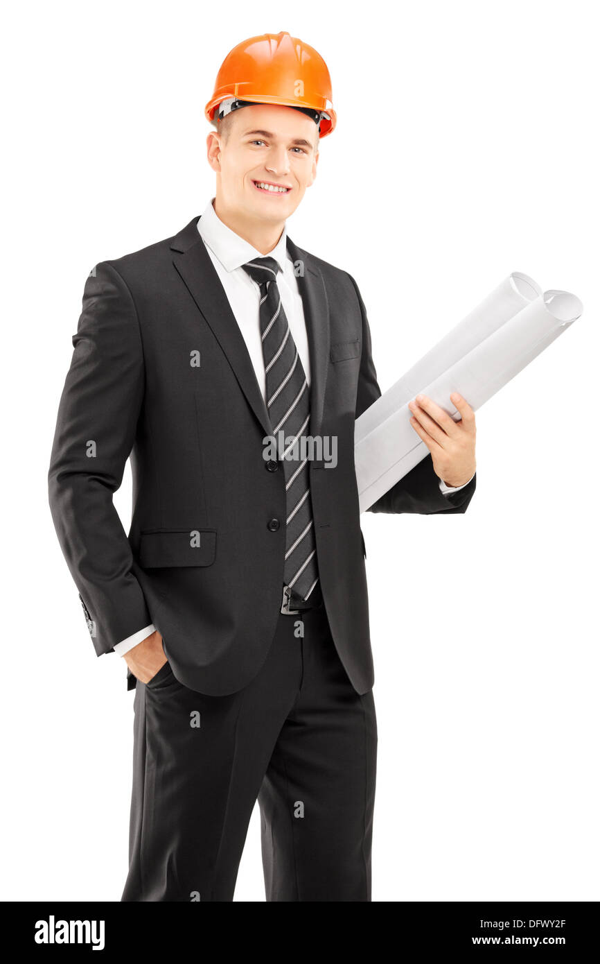 Young male architect in black suit wearing helmet and holding ...