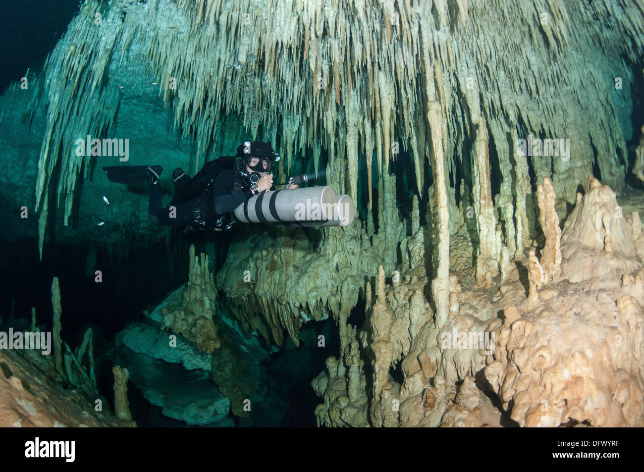 Diver using side mount gear in cave in Mexico Stock Photo - Alamy
