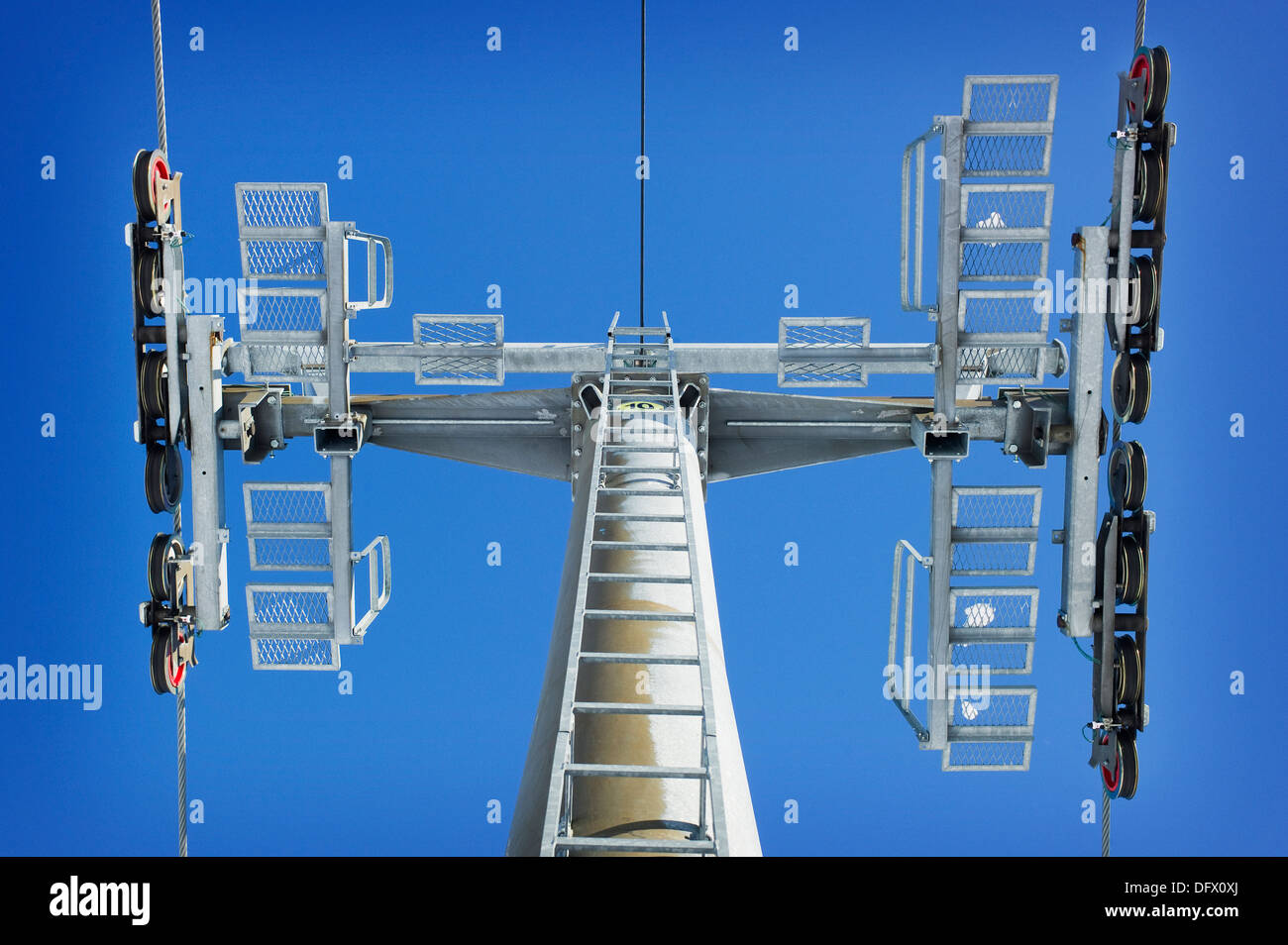 Ski Lift Mechanism Against Blue Sky, Low Angle View Stock Photo - Alamy
