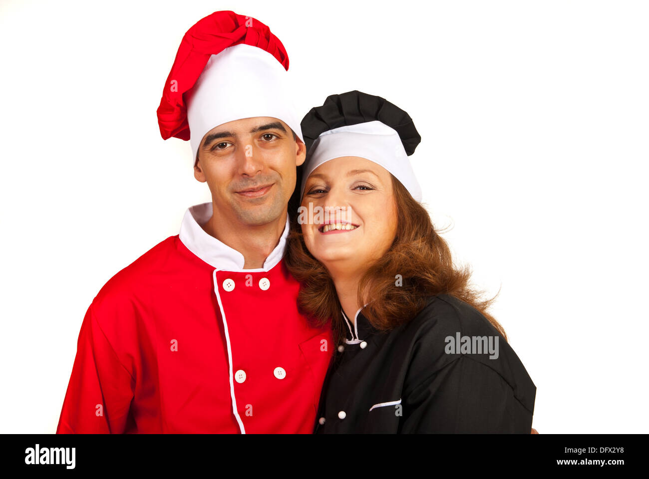Loving couple of chef ,husband and wife isolated on white background ...