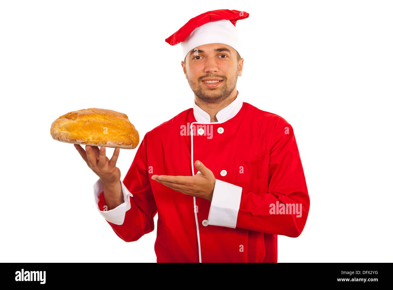 Chef man in red uniform showing round bread isolated on white ...