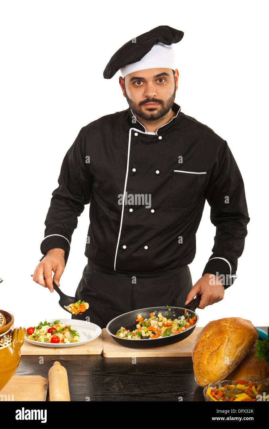 Chef man decorate food on plate isolated on white background Stock ...