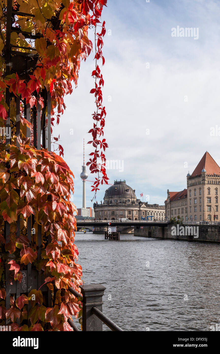 Berlin in Autumn - Bode museum, river Spree and red leaves of a ...