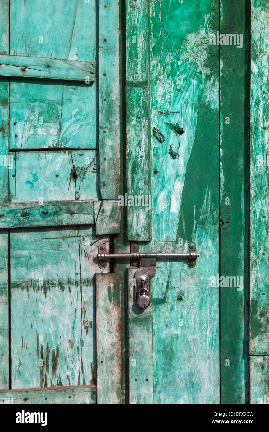 India, Rajasthan, Jaipur, old green-painted door, tarnished texture ...