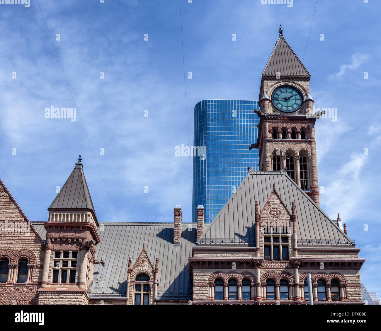 Romanesque revival style, sandstone old City Hall with clock tower and ...