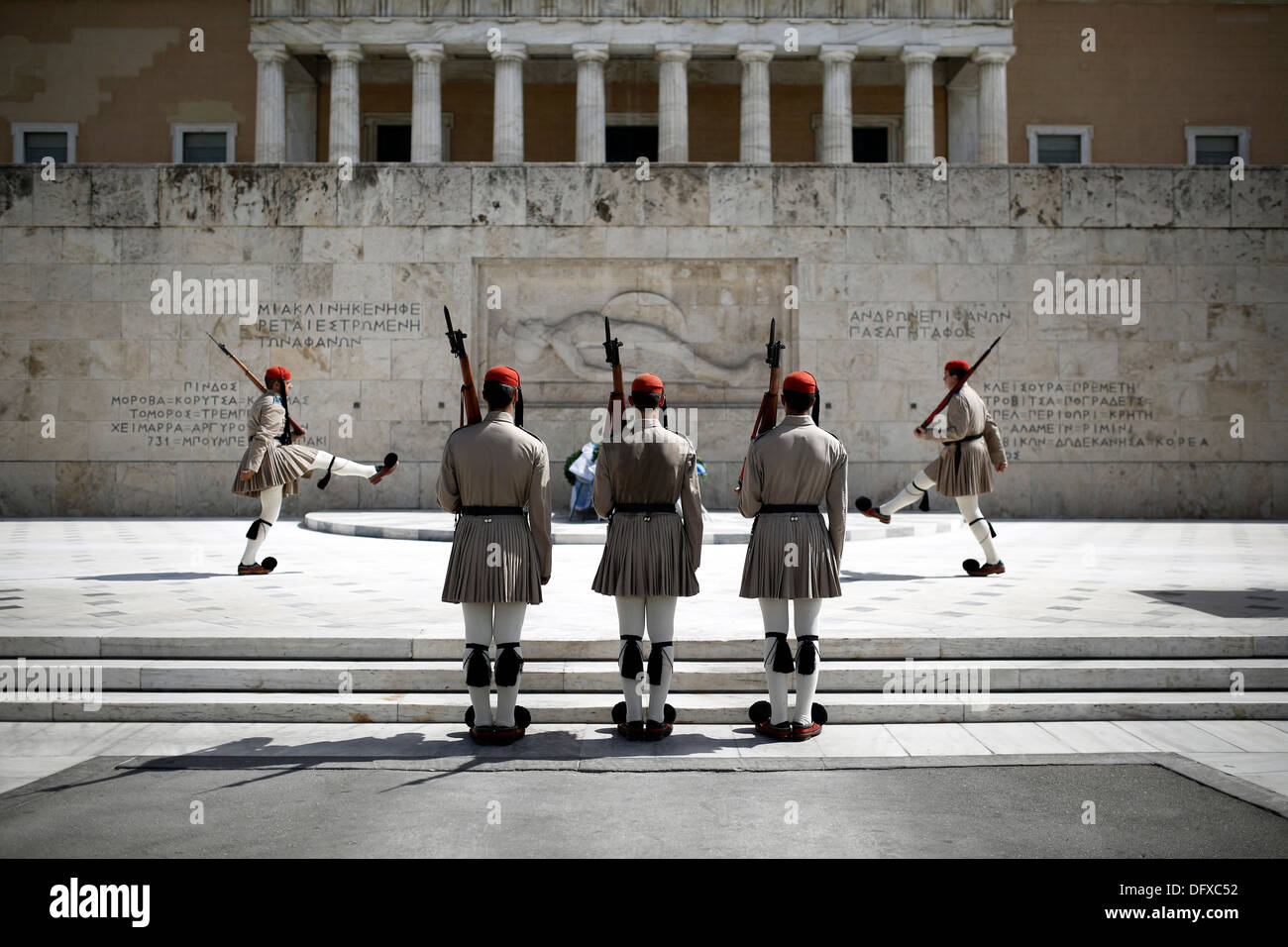 Evzones perform the Changing of the guard ceremony at the Tomb of the ...