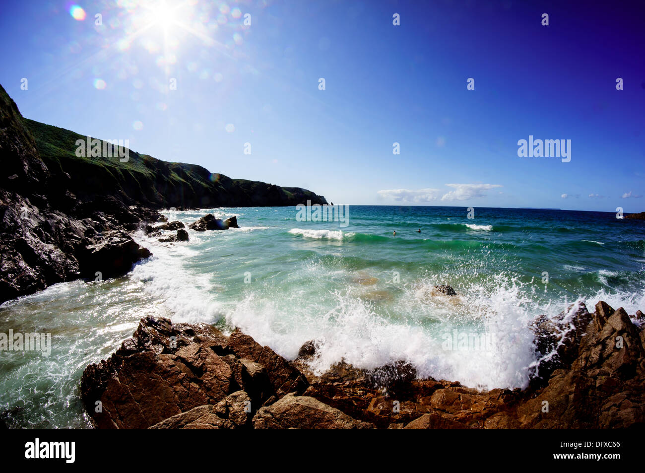 The Waves crashing on the rocks at Plemont beach Jersey Channel Island ...
