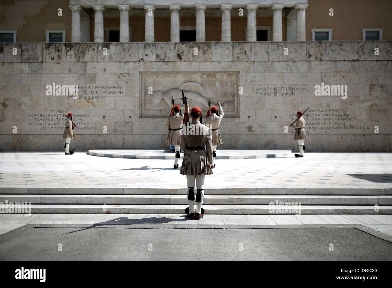 Evzones perform the Changing of the guard ceremony at the Tomb of the ...